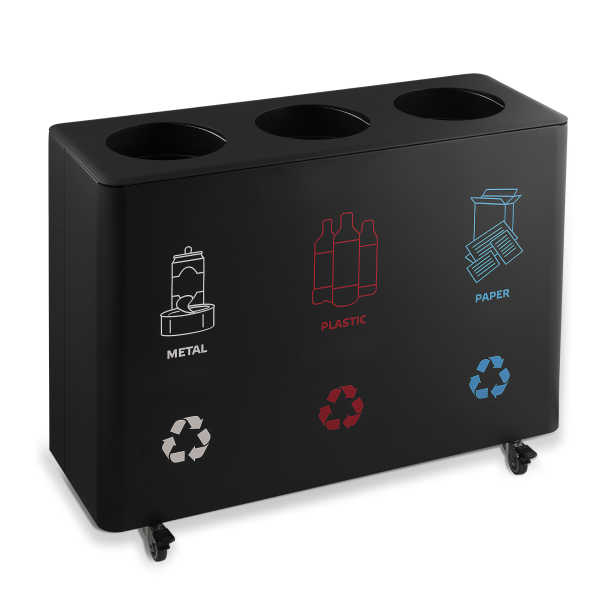 ECOLINE Recycling 75L Matte Black Round Chute Moveable Waste Bin (3 Set ...